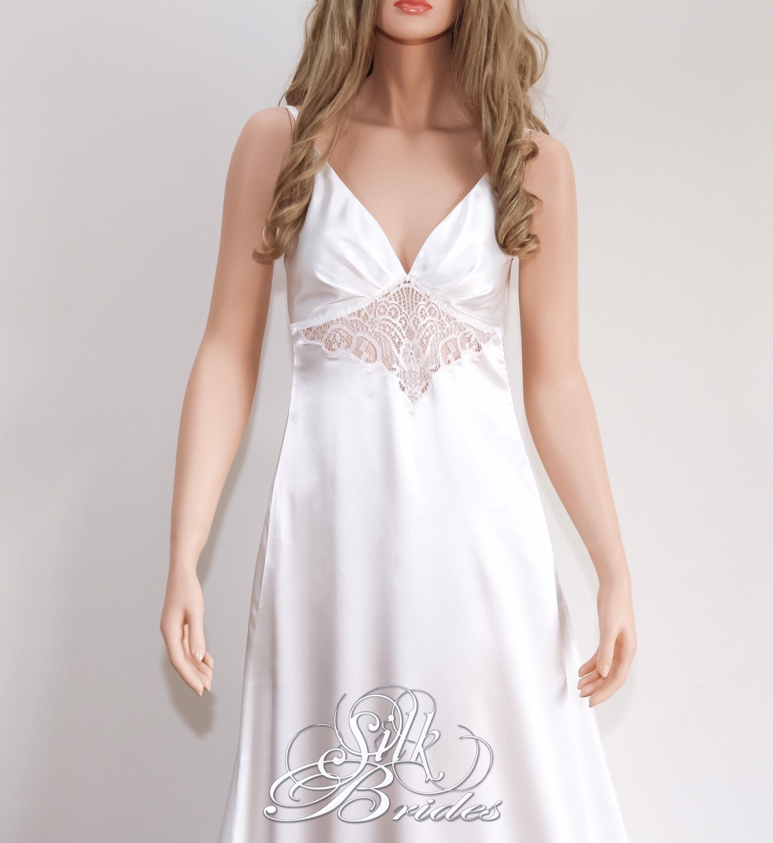 Elegant White Long Backless Satin Nightgown Negligee Slip, Honeymoon ...