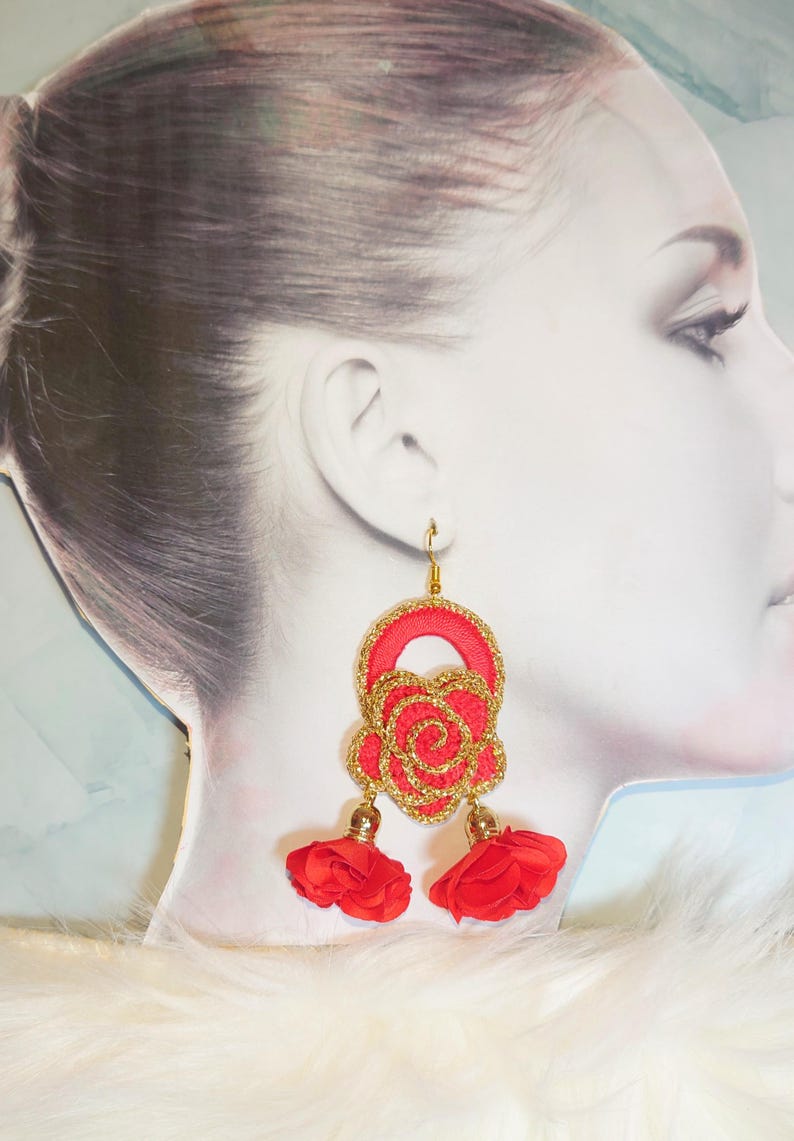 Red Gold Flamenco Earrings for Expressive Women, Spanish Style Jewelry ...