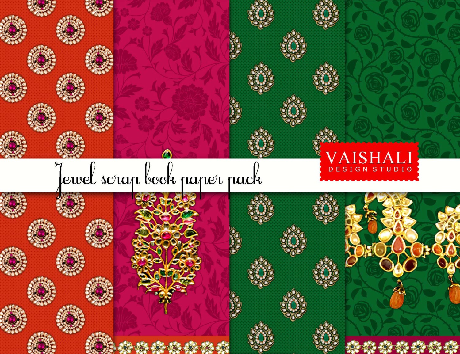 Maharaja Jewel Print, Jewel Tones, Pre Made Pages, 5 Sheets, Digital ...