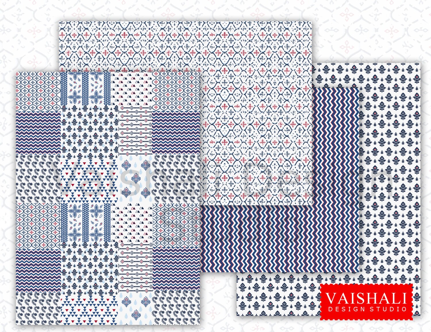 Indian BLOCK Prints, Indigo Colour, Seamless Pattern, 5 Sheets, Digital ...