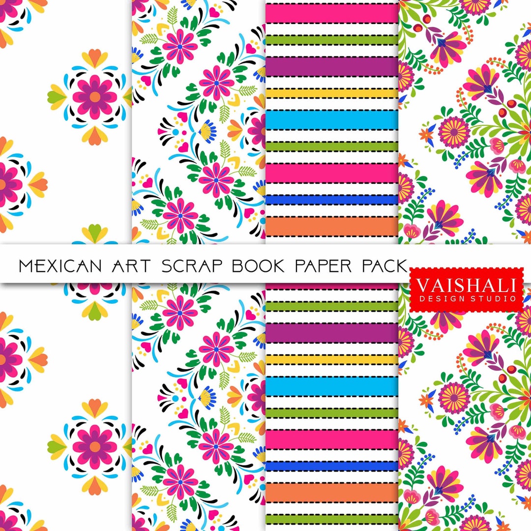 Mexican Folk Art Print, Floral Pattern, Seamless Pattern, 4 Sheets ...