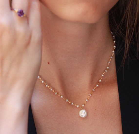 Dainty Freshwater Pearl Necklace Beaded Pearl Etsy