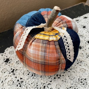 Denim and Plaid Patchwork Fabric Pumpkins With Crochet Trim, Handmade ...