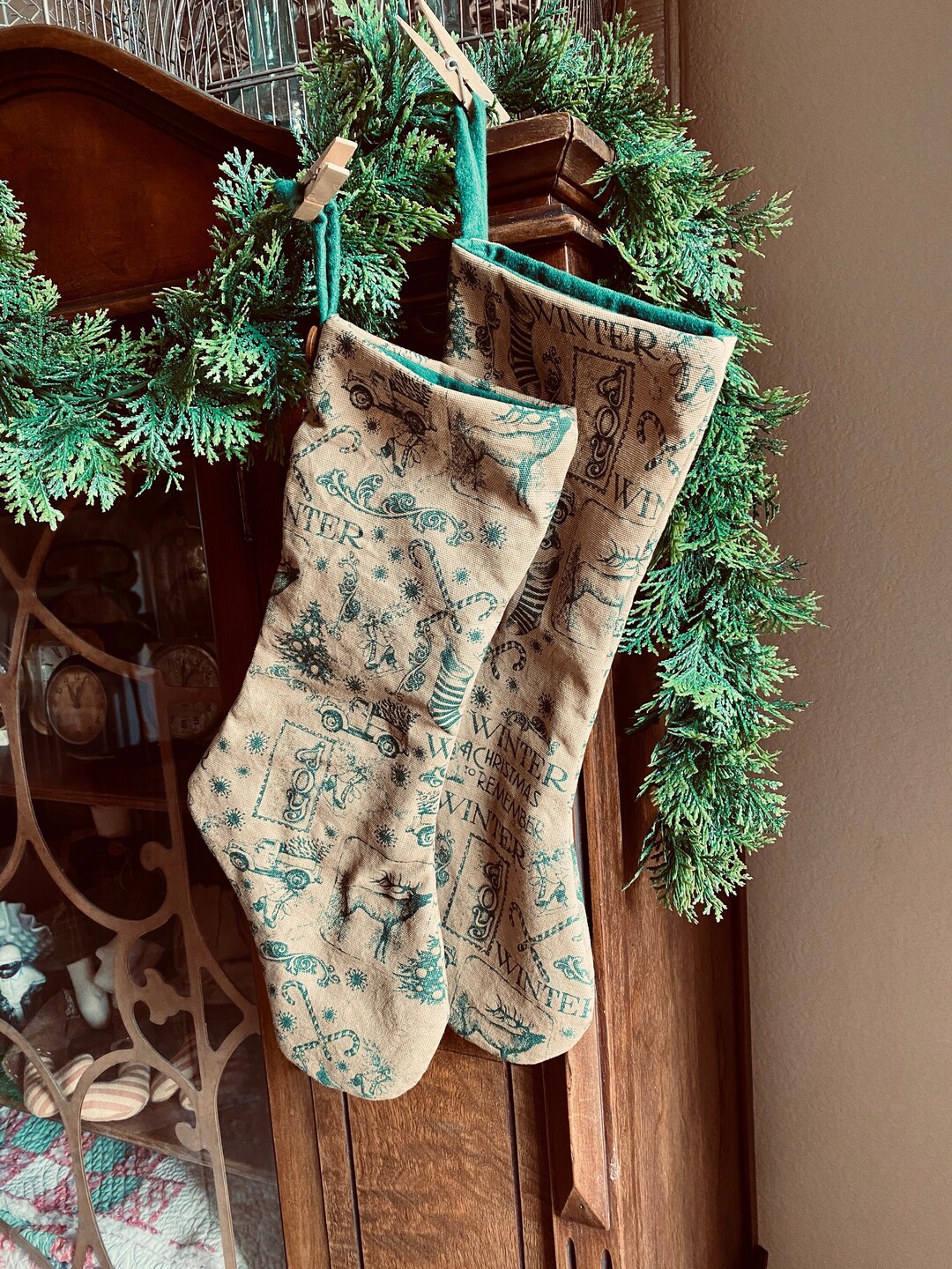 Vintage Look Cotton Fabric Stocking With Green Flannel, Coffee Dyed ...