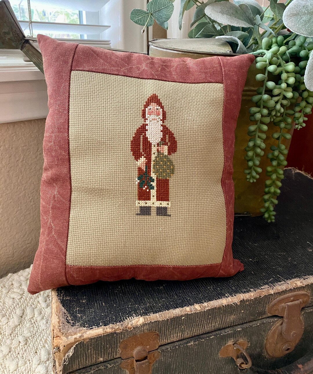 Vintage Old World Santa Cross Stitch With Canvas Cloth, Repurposed Into ...