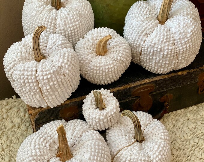 Vintage White Chenille Fabric Pumpkin With Real Dried Pumpkin Stems ...