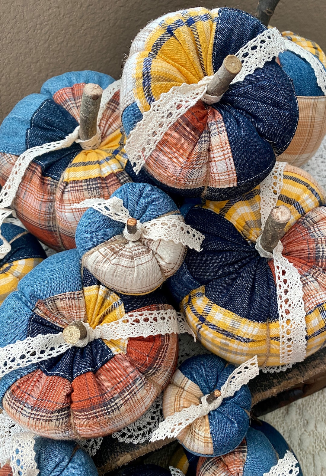 Denim and Plaid Patchwork Fabric Pumpkins With Crochet Trim, Handmade Patchwork Pumpkins, Fall ...