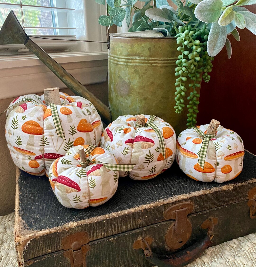 Flannel Mushroom Fabric Pumpkins , Handmade Pumpkins, Fabric Pumpkin ...