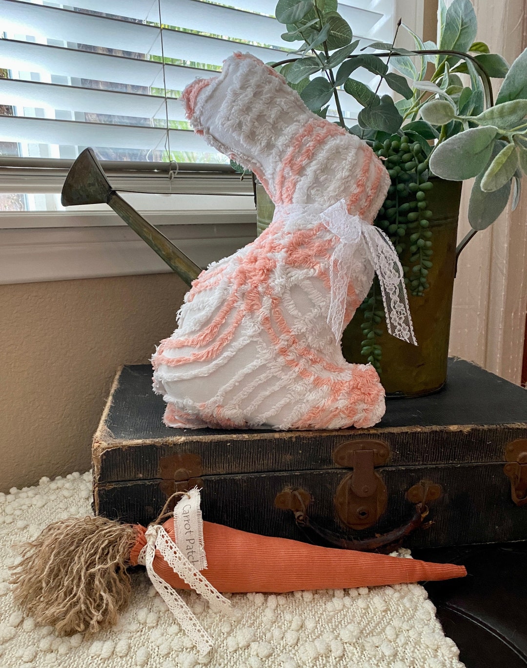 Extra Large Vintage White and Peachy Pink Chenille Bunny, Handmade ...