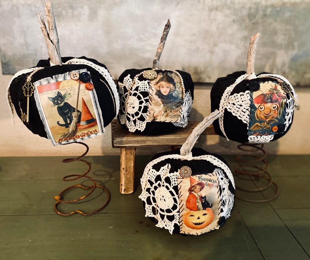Embellished Black Fabric Pumpkin, Vintage Halloween Decor, Yosemite ...