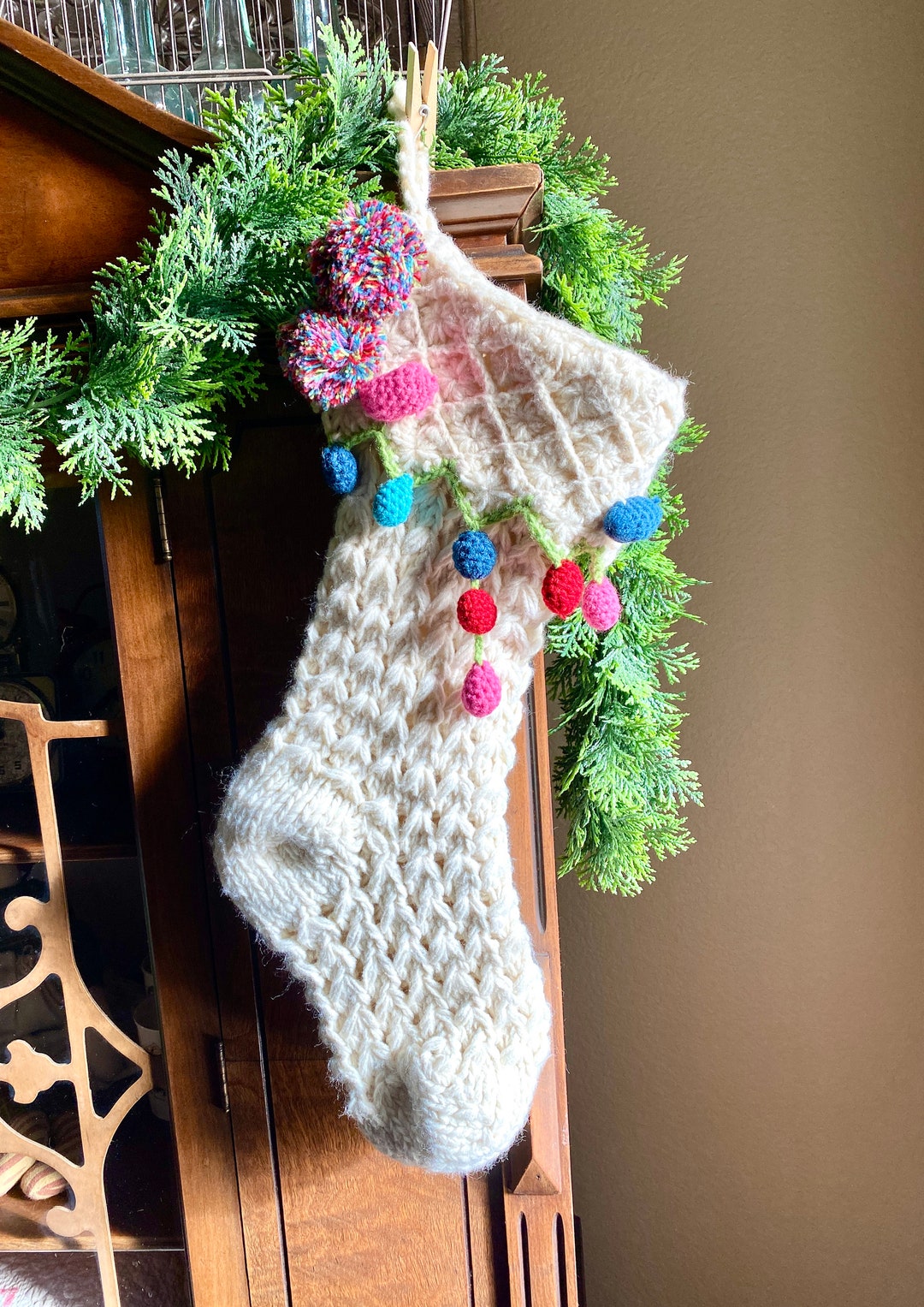 Cream Knit Stocking With Pom Pom Balls - Etsy