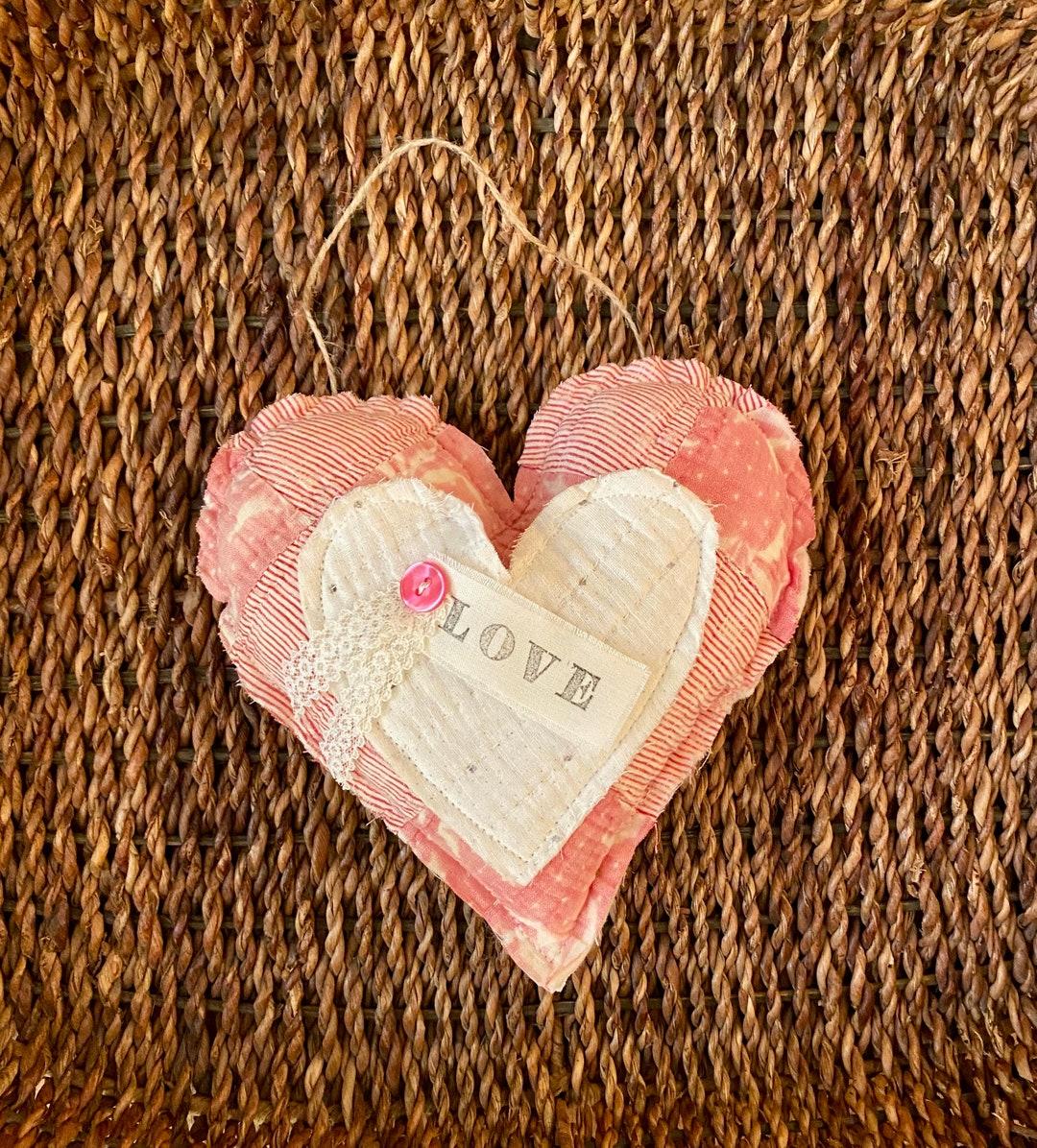 Vintage Quilt Hearts With Heart Pocket, Heart Shaped Pillow W LOVE Tag ...