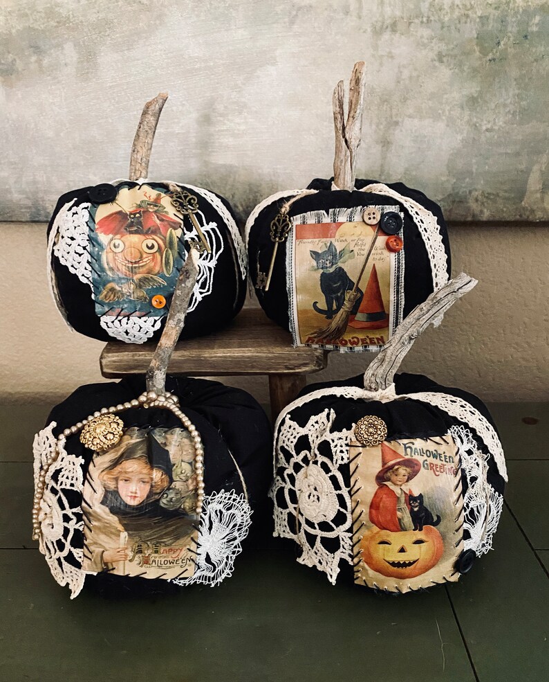 Embellished Black Fabric Pumpkin, Vintage Halloween Decor, Yosemite ...