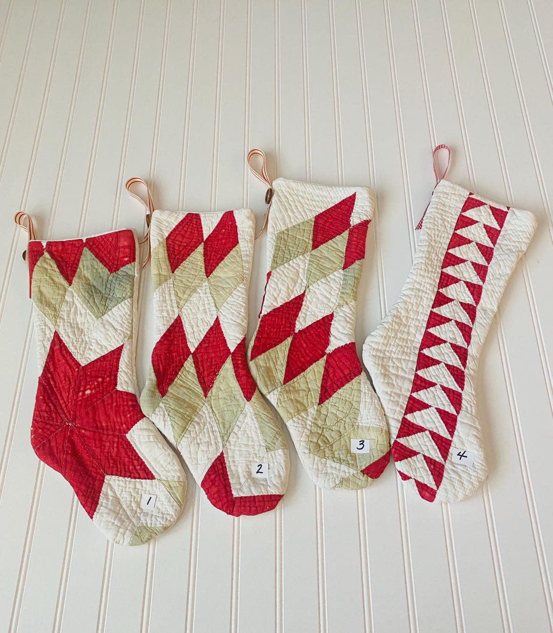 Vintage Red, White, and Green Quilt Stocking With White Flannel Lining ...