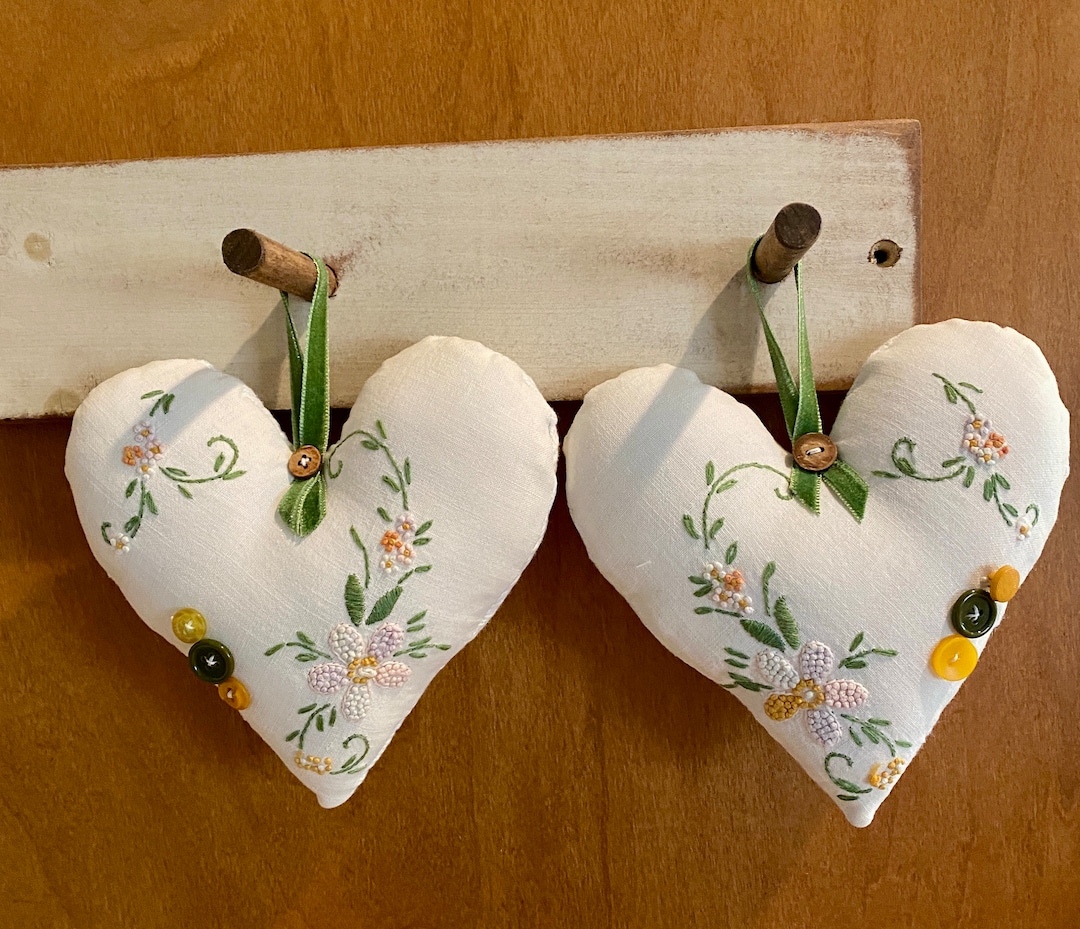 Repurposed Embroidered Linen Hearts, Embroidery Hearts, Valentine ...