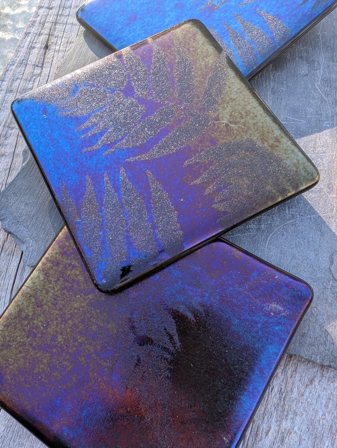 Rainbow Iridescent Fern Leaf Fused Glass Coasters: Handcrafted ...
