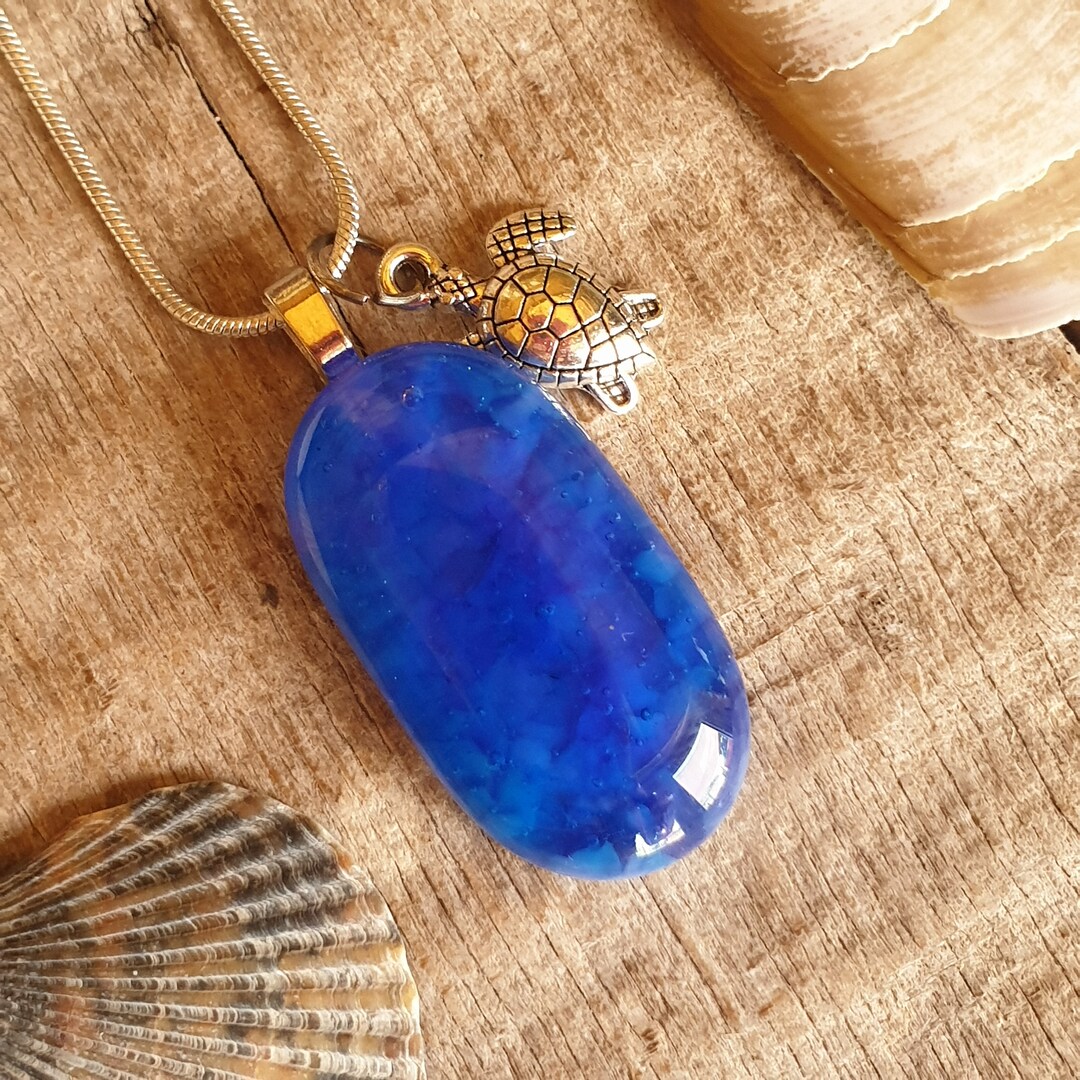 Blue Fused Glass Cabochon Necklace: Sea Inspired Jewelry With Turtle ...