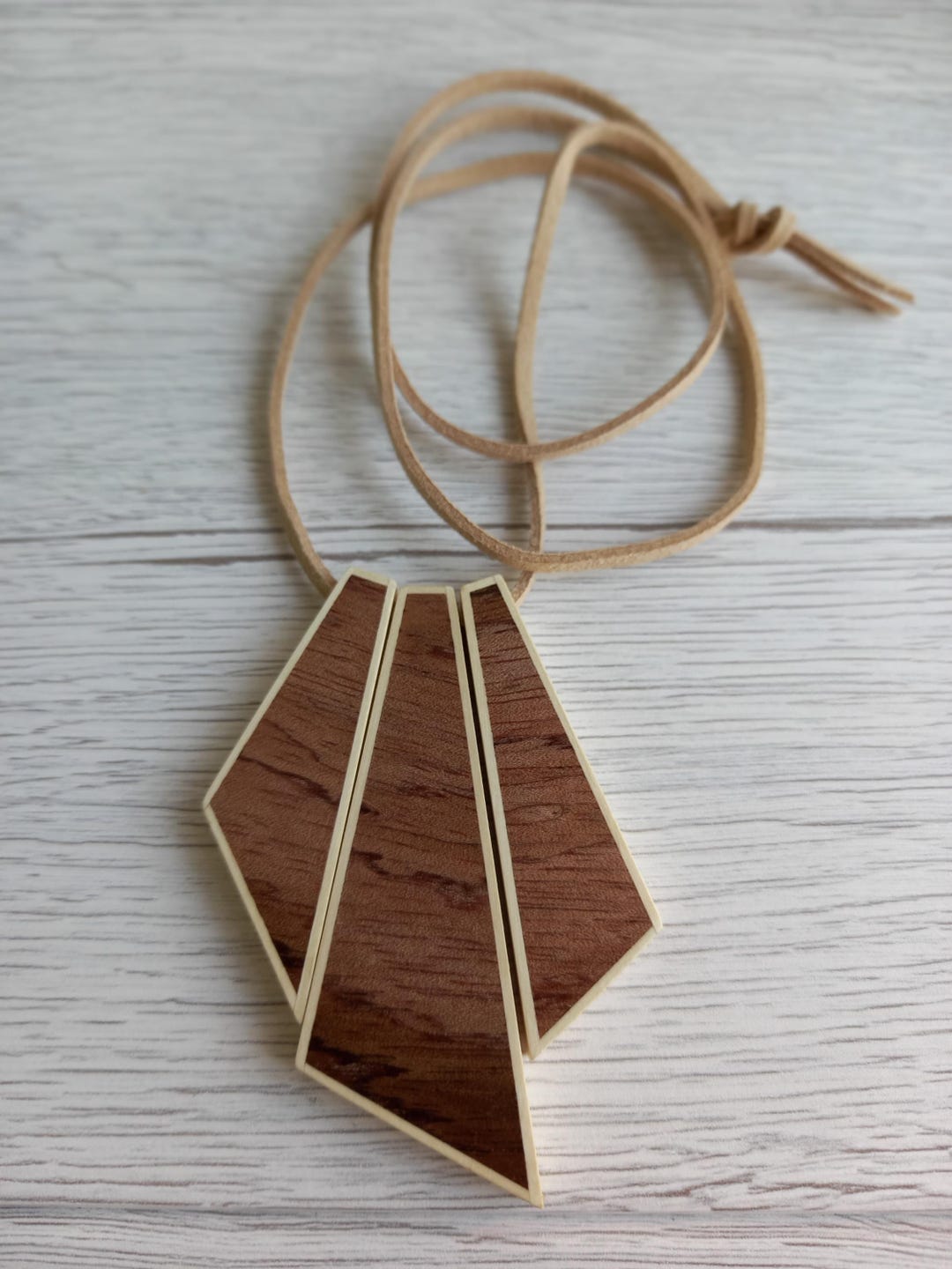 Wooden Pendant// Triple Tooth// Necklace Faux Suede// Handmade Item ...