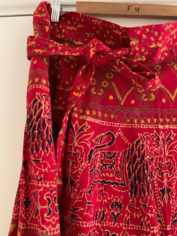 Vintage 1970s Red Batik Block Print Wrap Maxi Skirt - Gem