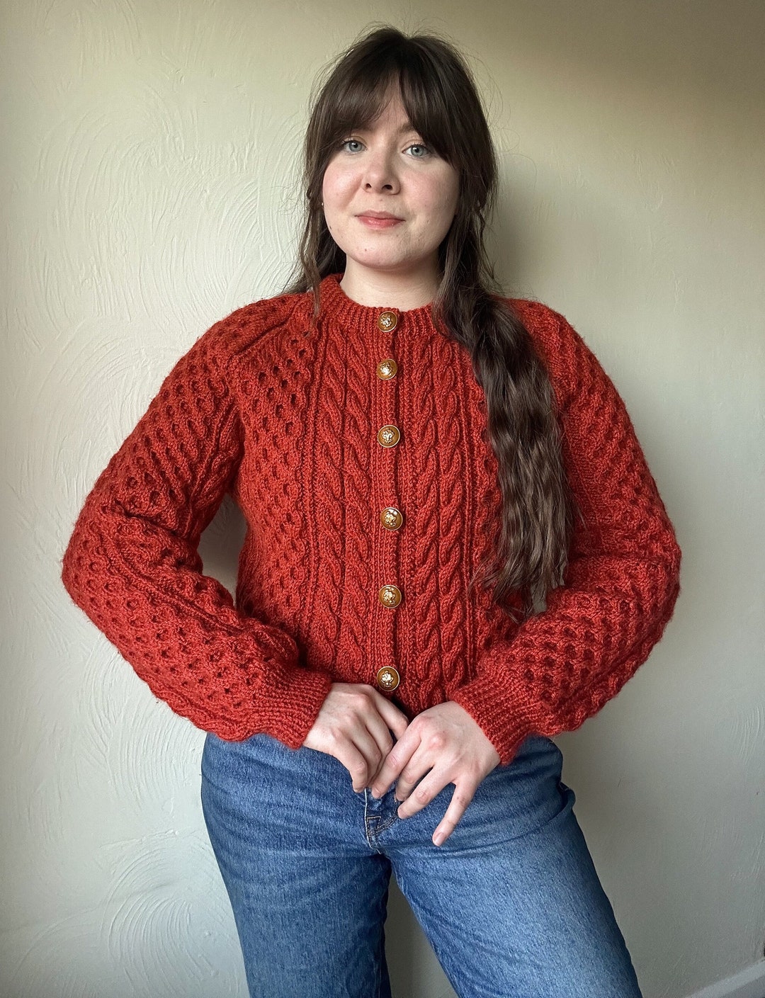 Vintage Hand Knit Wool Burnt Orange Cardigan - Etsy