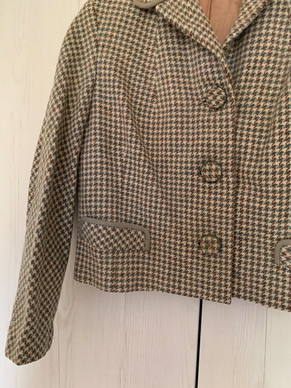 Vintage 1960s Wool Green Houndstooth Jacket - Gem