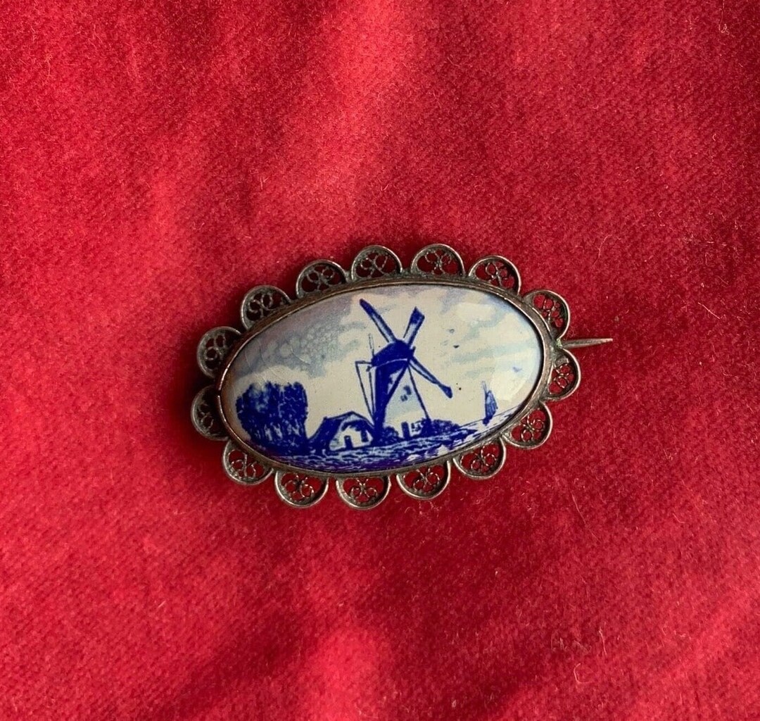 Vintage Delft Hand Painted Porcelain Brooch - Etsy