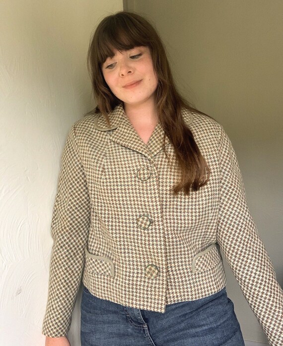 Vintage 1960s Wool Green Houndstooth Jacket - Gem