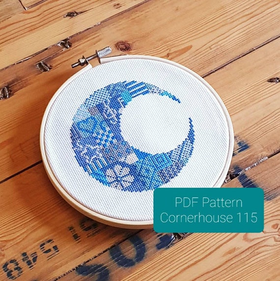 Blue Patchwork Half Moon Cross Stitch Pattern. DIY Craft | Etsy