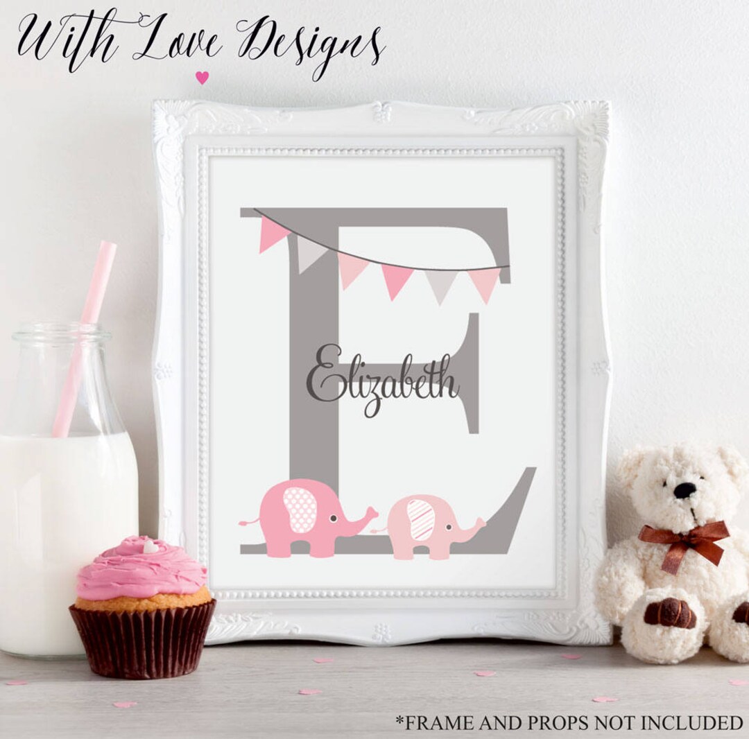 New Baby Girl Pink Elephant Name Initial Personalised Print A5 - Etsy UK