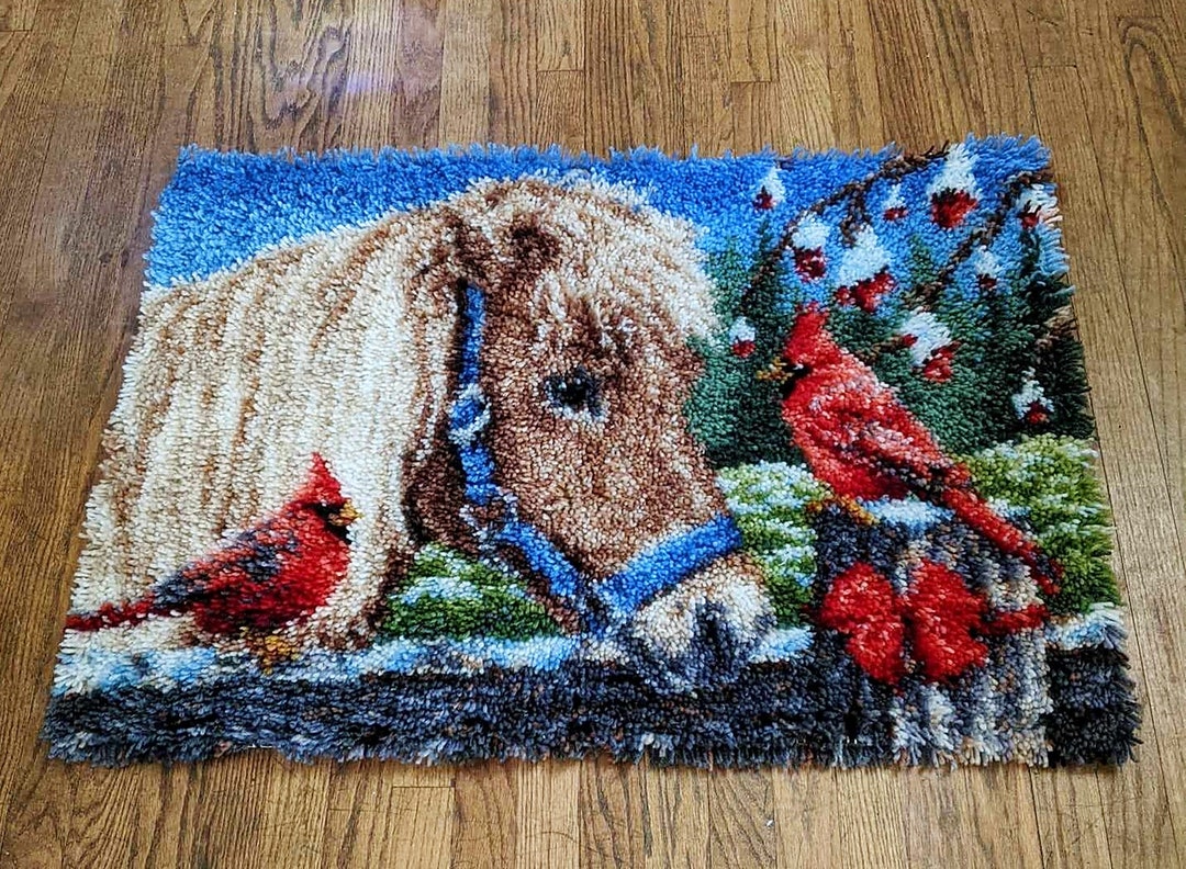 Pony on the Farm With Red Cardinals Completed Latch Hook Rug, This is ...