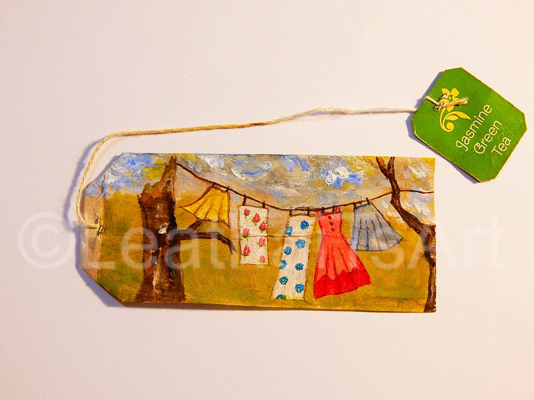 Upcycled Tea Bag Painting/clothing Line Watercolor Mini Tea Bag Art ...