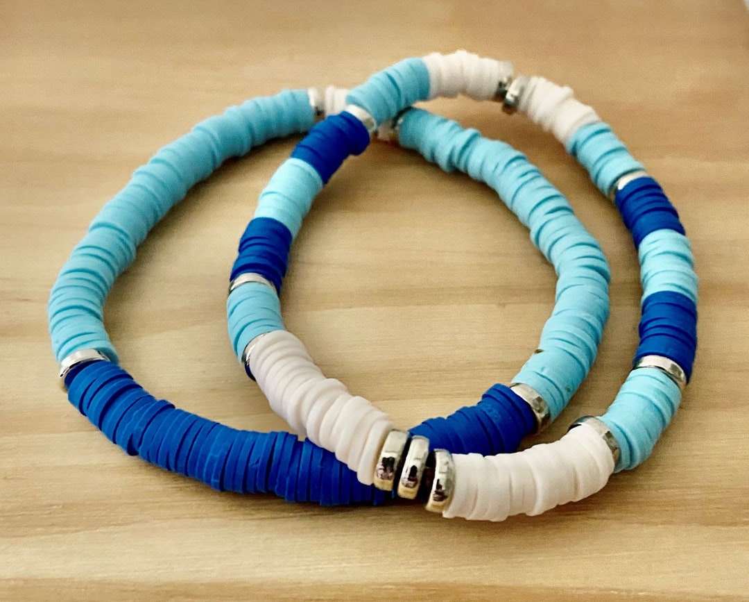Heishi Clay Bead Bracelets Blue Aqua White Silver - Etsy