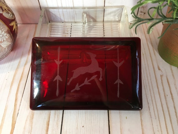 Art Deco Stash Box Ruby Glass Top - Etsy