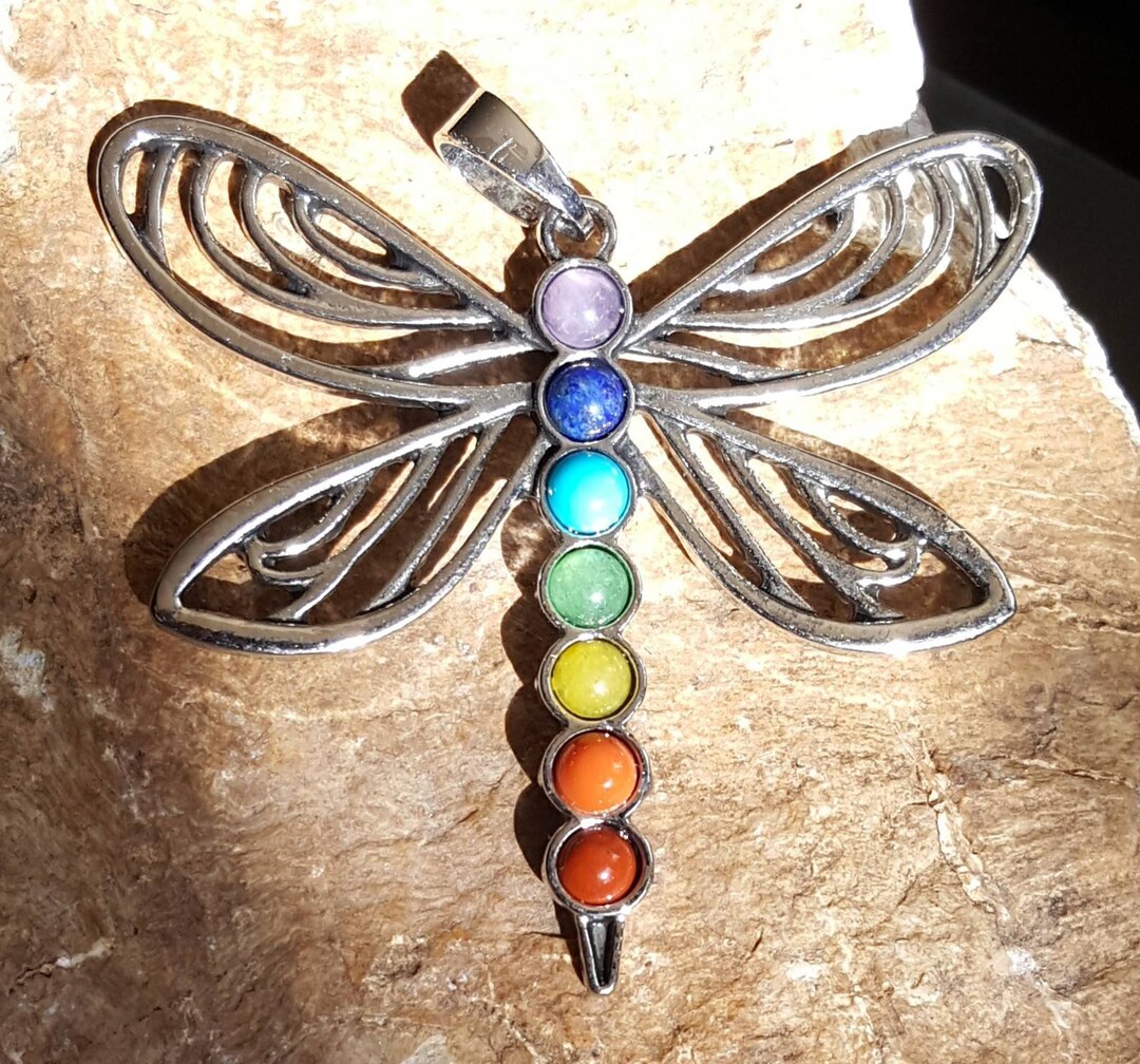 Silver Dragonfly Pendant With Gemstones, Filigree Dragonfly, Chakra ...