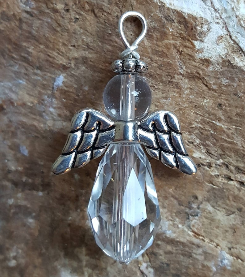 Silver Angel Charm, Clear Beaded Angel, Clear Crystal Angel Pendant for ...
