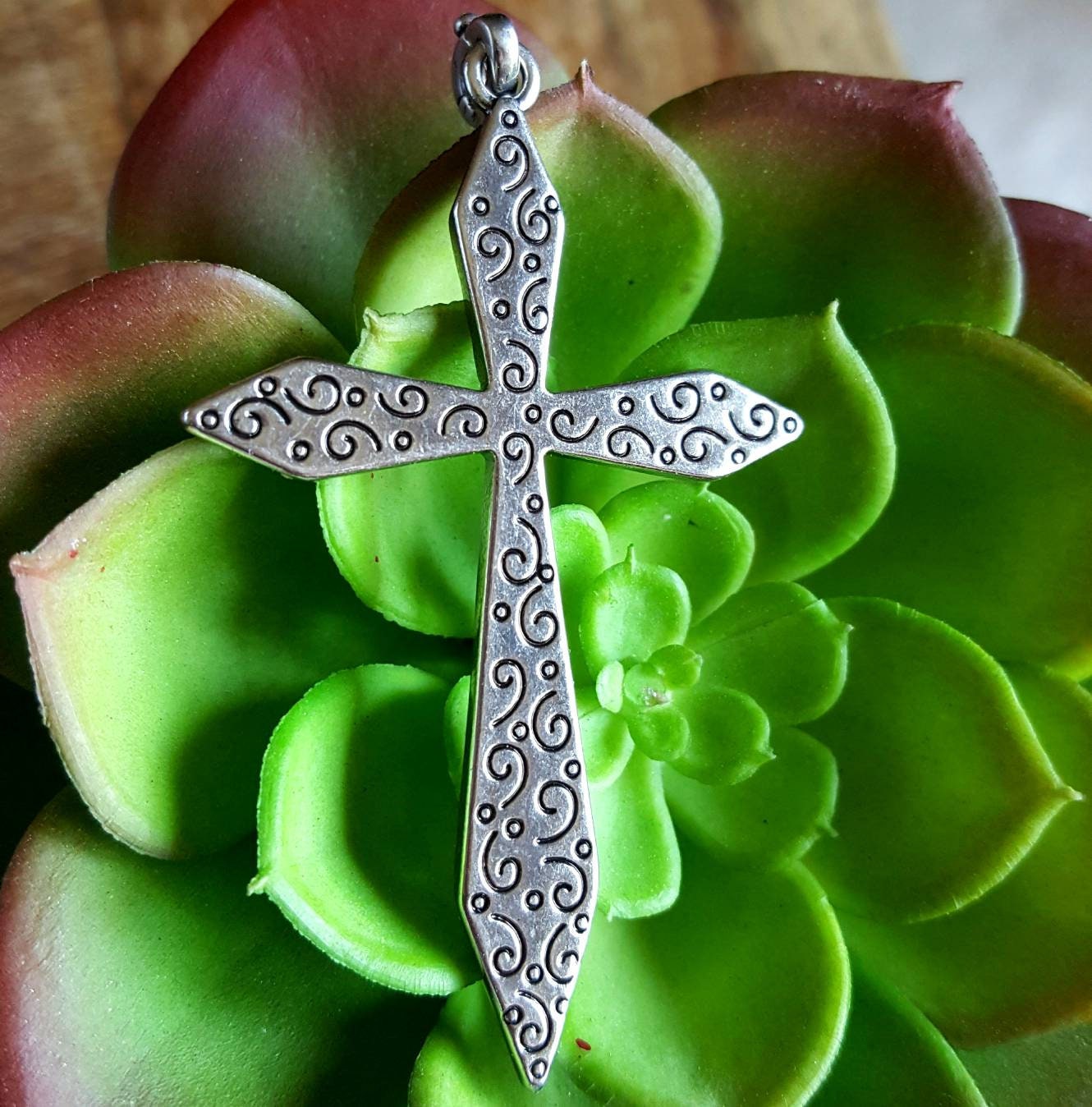 Large Silver Cross Pendant Antique Silver Engraved Cross With - Etsy