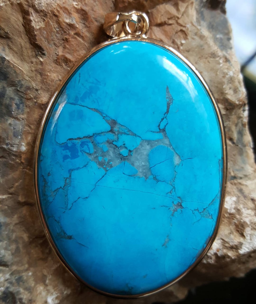Turquoise Blue Howlite Pendant Gold Bail, Big Blue Focal Pendant, Gray ...