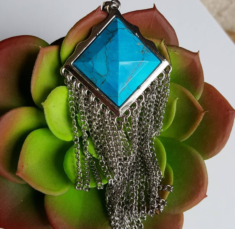 Turquoise Blue Pendant With Silver Tassel, Blue Gemstone Tassel Pendant ...