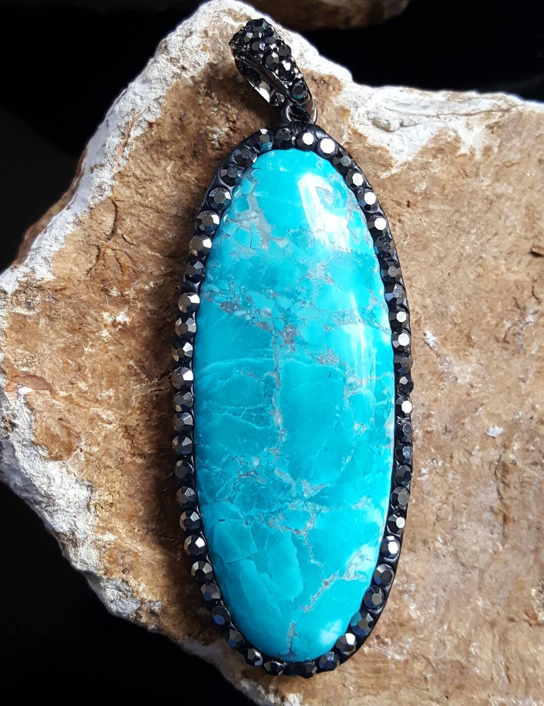 Blue Howlite Stone Pendant, Pave Crystal Oval Blue Stone Pendant ...