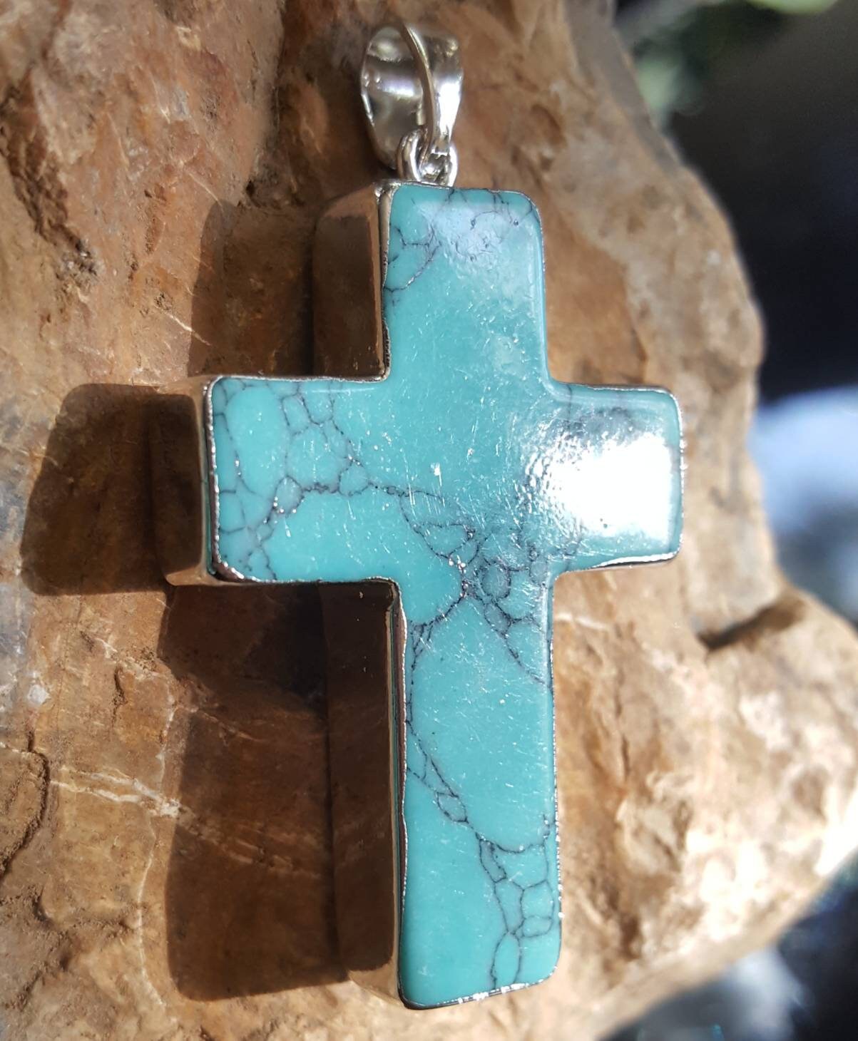 Turquoise Cross Pendant Chunky Stone Cross Blue Cross With - Etsy