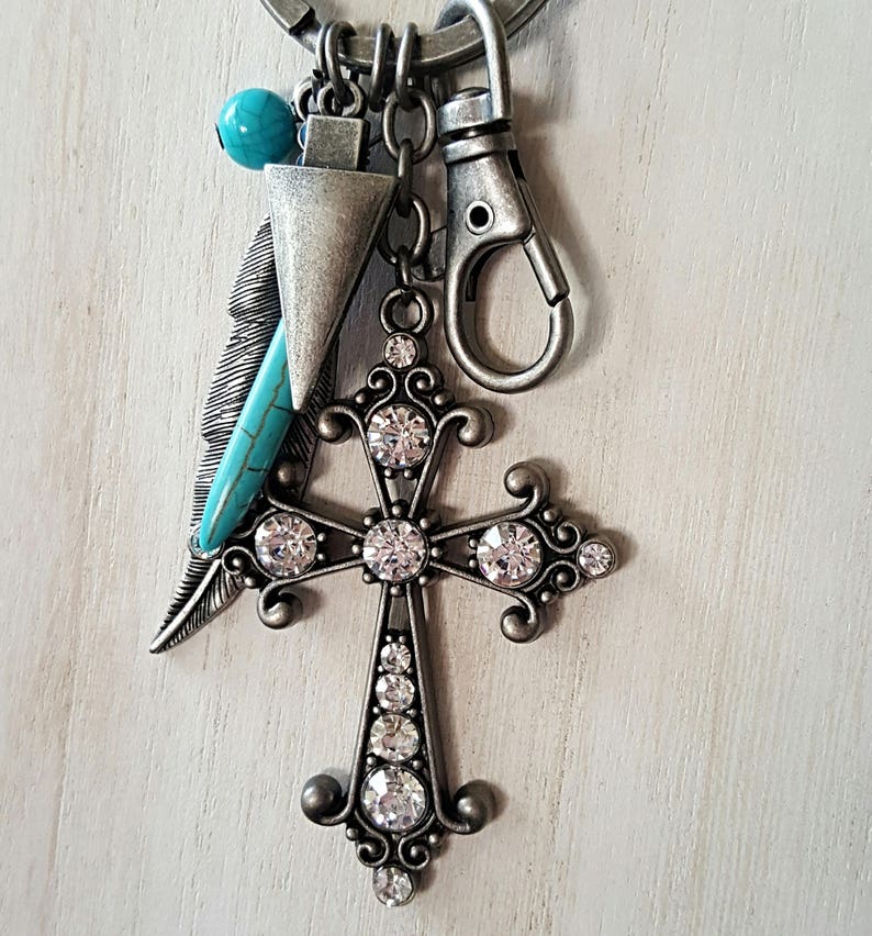 Crystal Cross Keychain Silver Southwestern Keychain With - Etsy UK