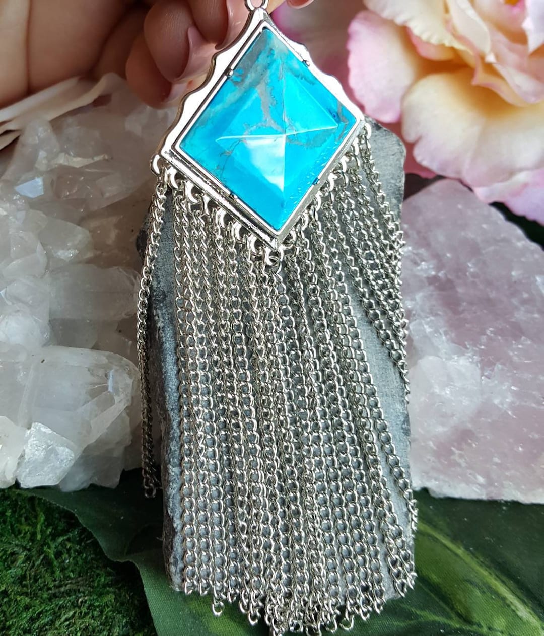 Turquoise Blue Pendant With Silver Tassel, Blue Gemstone Tassel Pendant ...