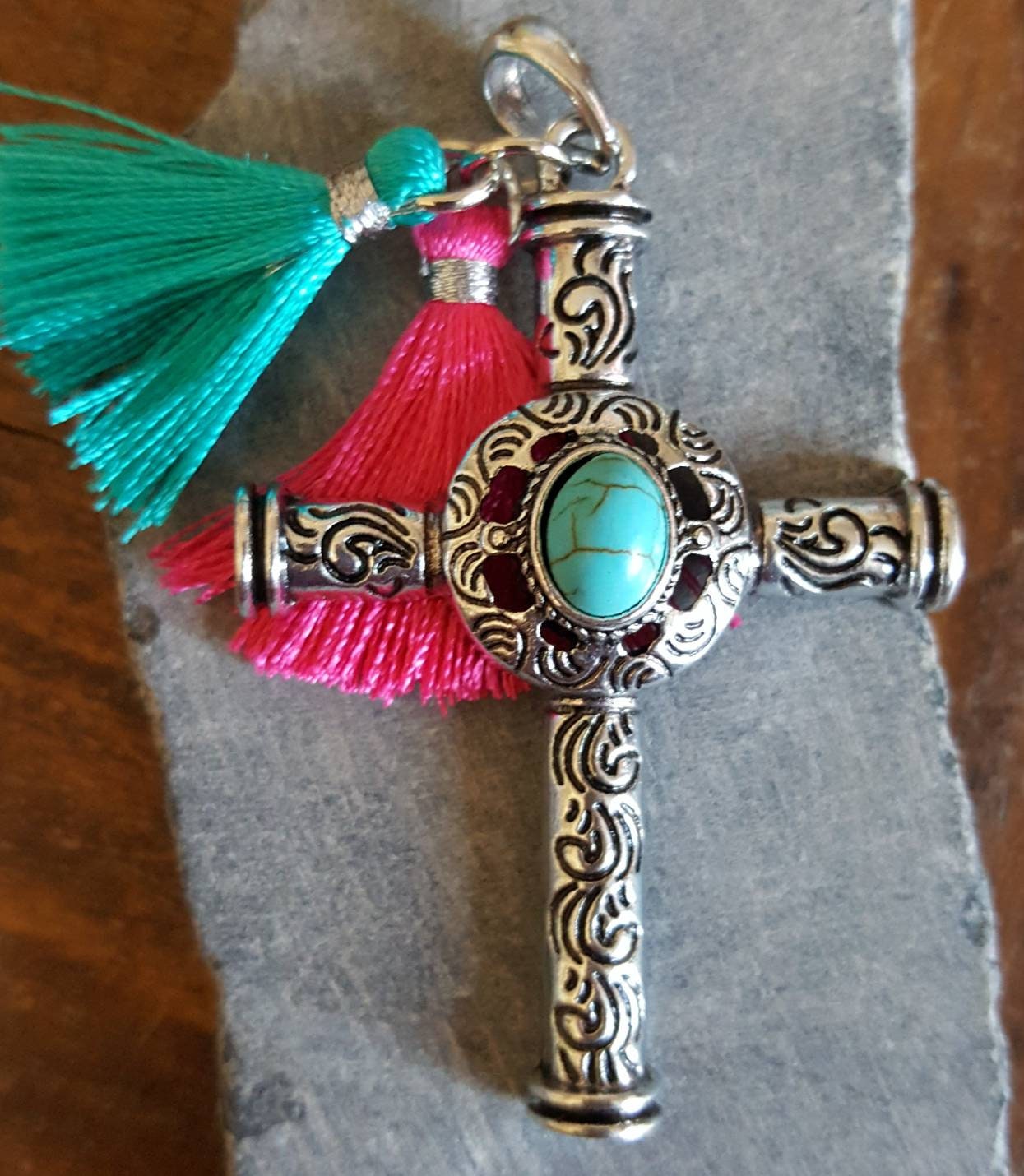 Colorful silver cross pendant large turquoise cross with | Etsy