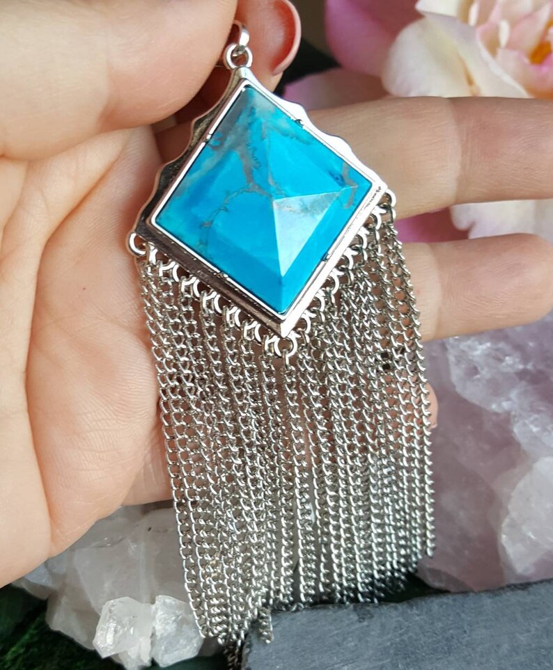 Turquoise Blue Pendant With Silver Tassel, Blue Gemstone Tassel Pendant ...