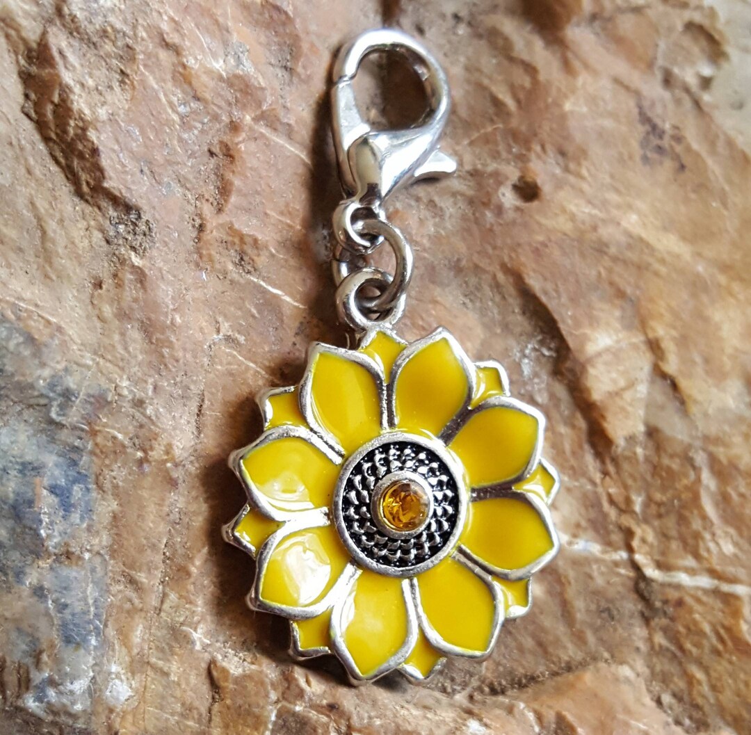 Clip on Sunflower Charm With Crystal, Yellow Crystal Sunflower Charm ...