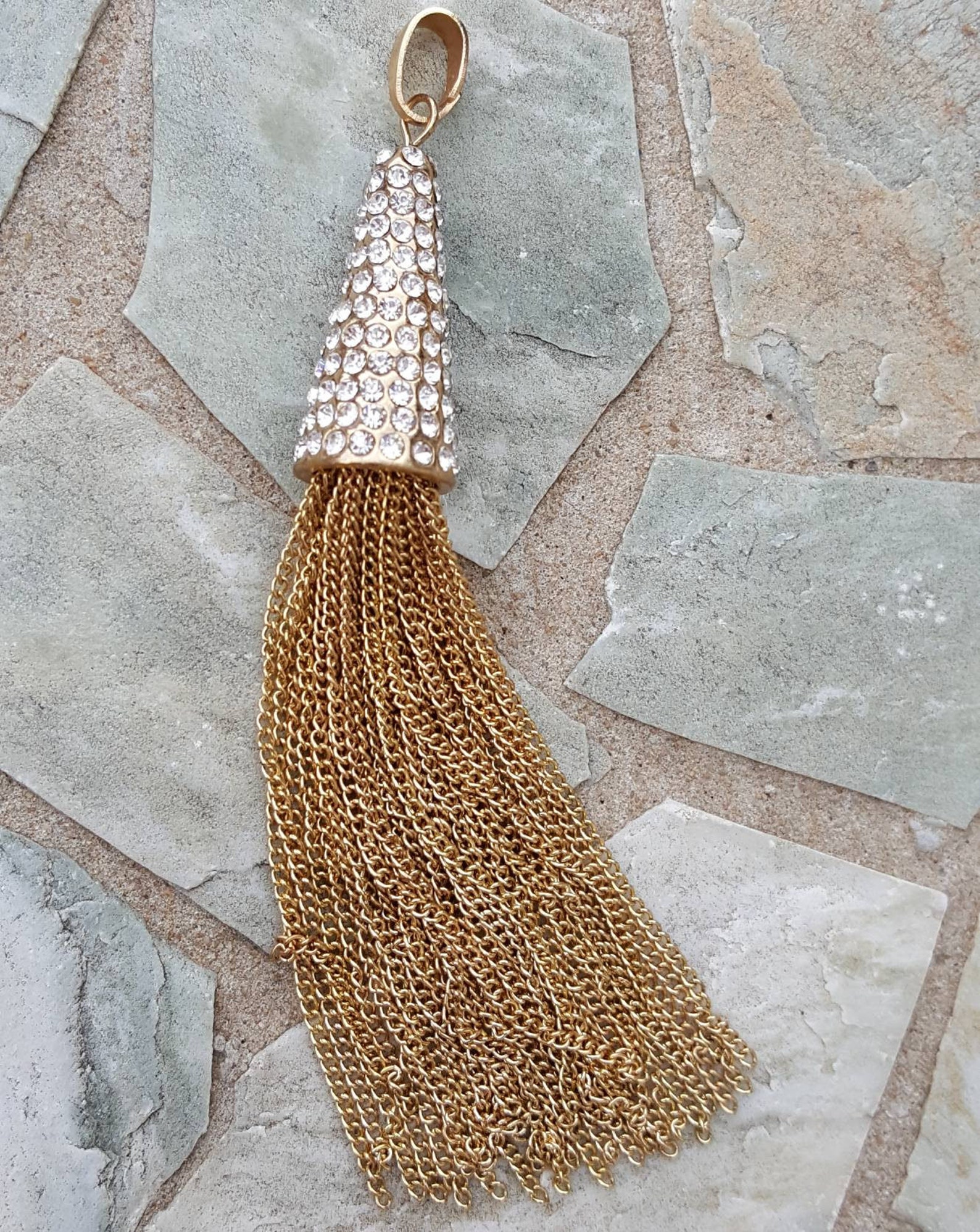 Pave Crystal Bead Cap Metal Tassel With Chain, Silver Black Tassel ...