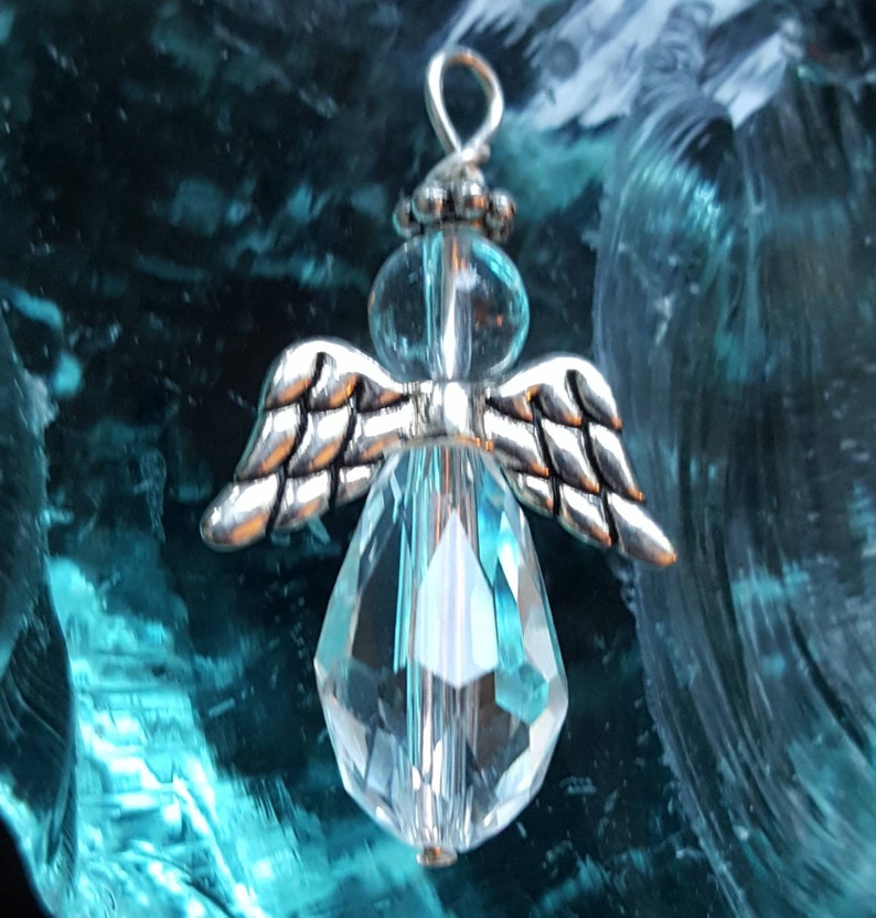 Silver Angel Charm, Clear Beaded Angel, Clear Crystal Angel Pendant for ...