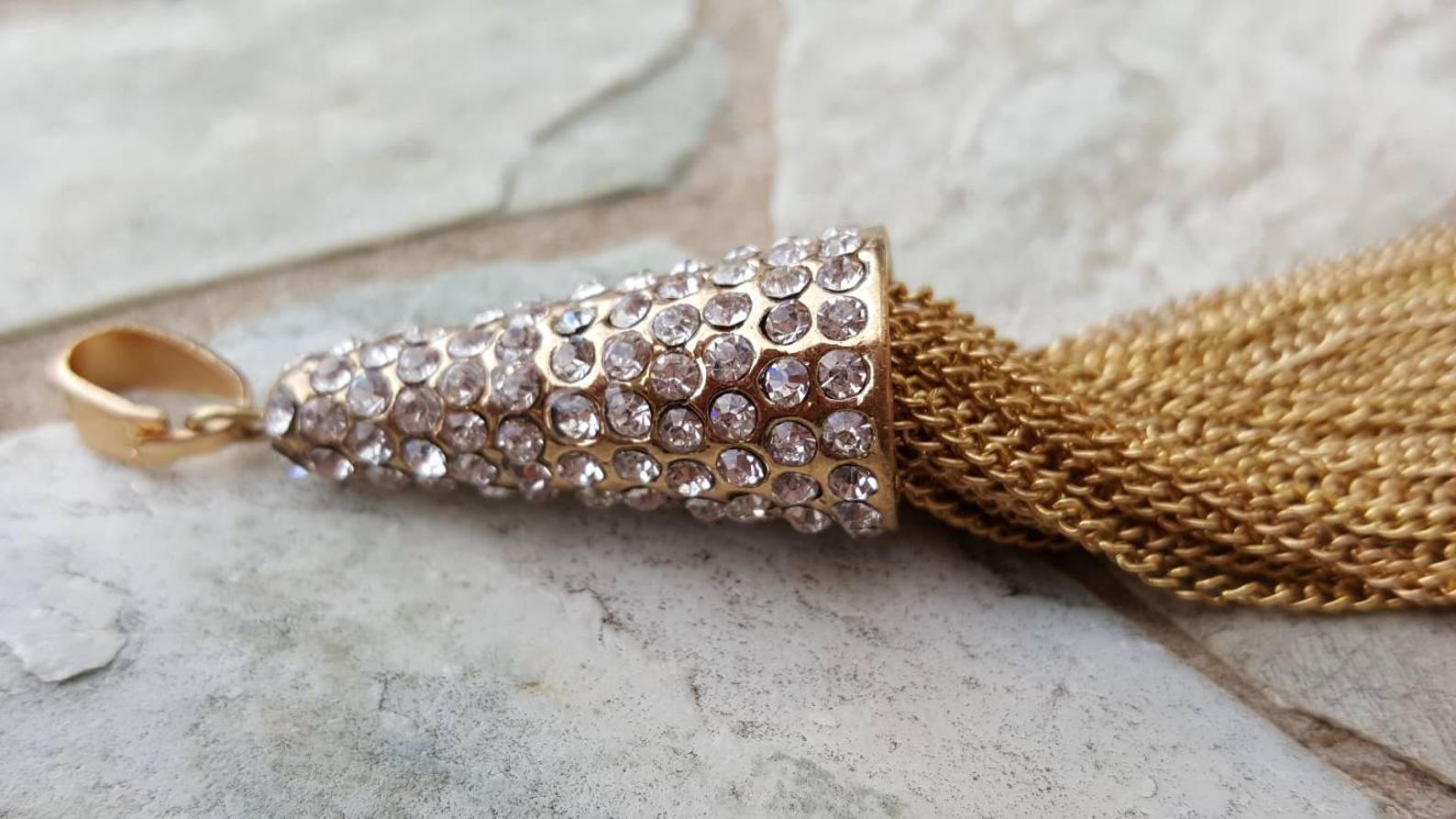 Pave Crystal Bead Cap Metal Tassel With Chain, Silver Black Tassel ...