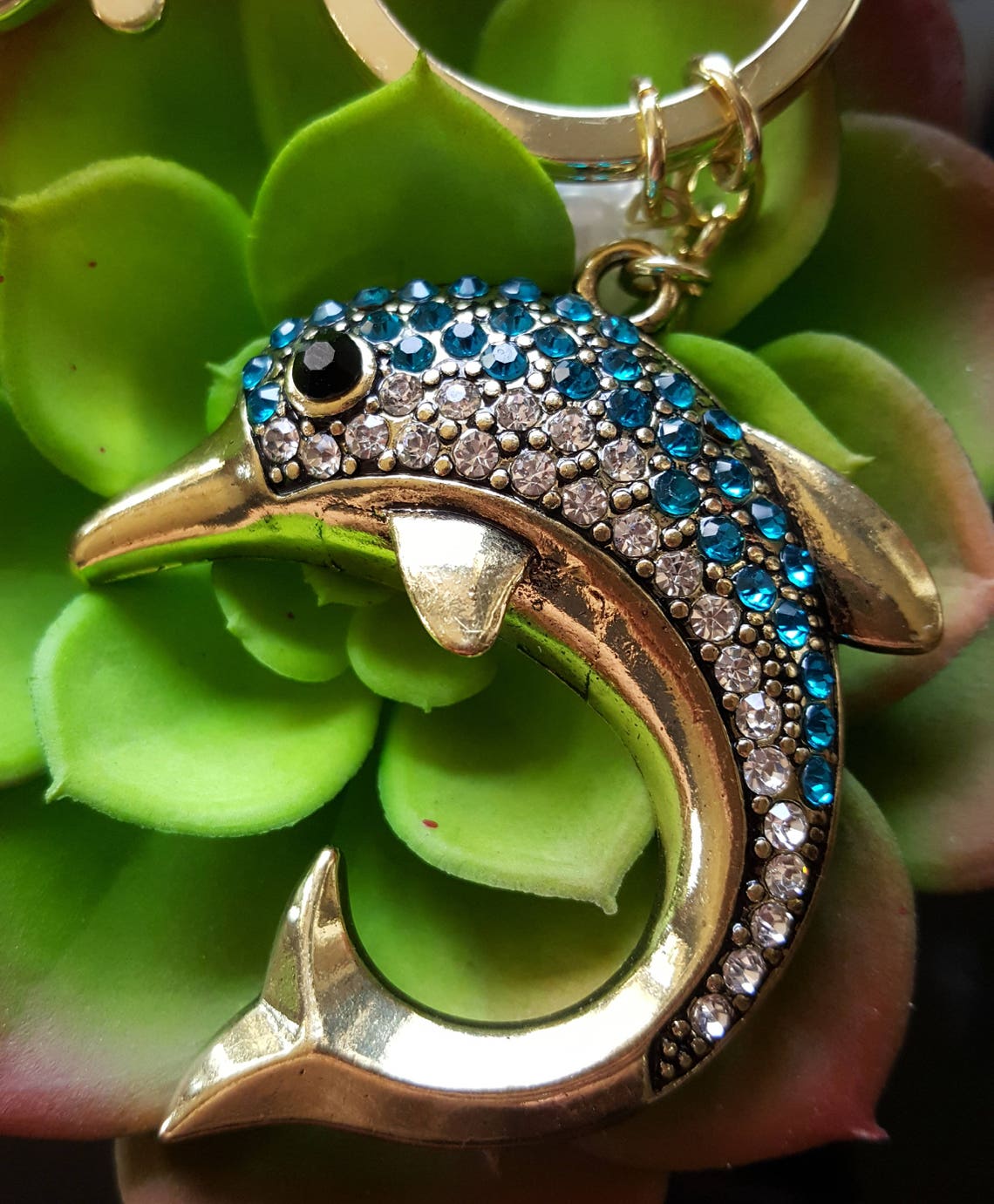 Dolphin Keychain, Antique Gold Dolphin Keychain, Sparkly Blue Pave ...