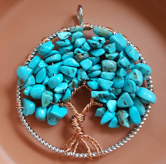 Silver Copper Turquoise Tree of Life Pendant Wirewrapped | Etsy